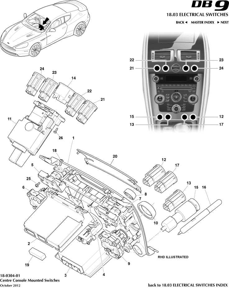 Later DB9 Centre Console Mounted Switches